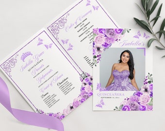 EDITABLE Program Template, Elegant Purple & Gold Floral Quinceanera ...