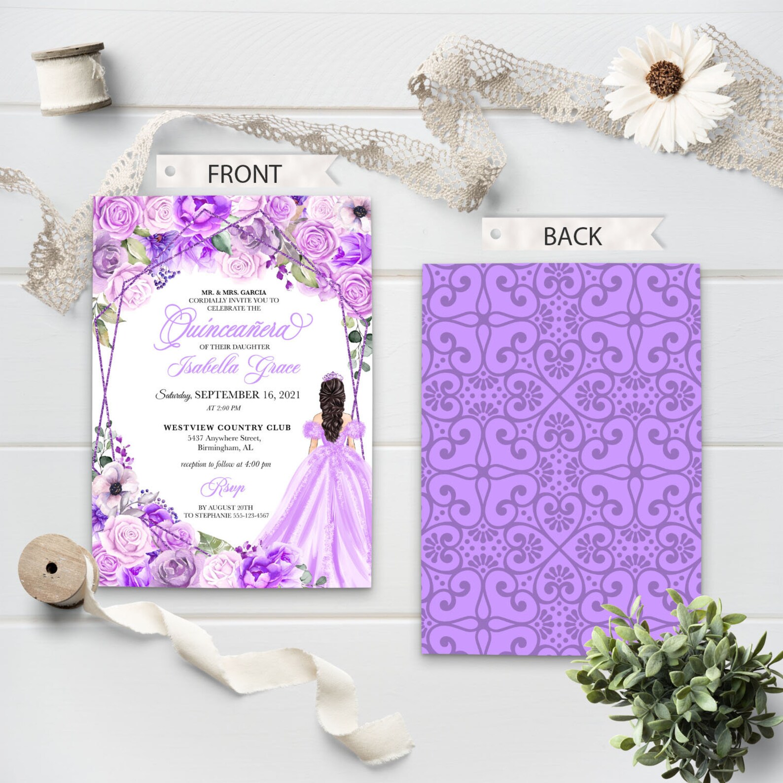 Lilac Floral Quinceanera Invitation Bundle: Editable Template (corjl ...