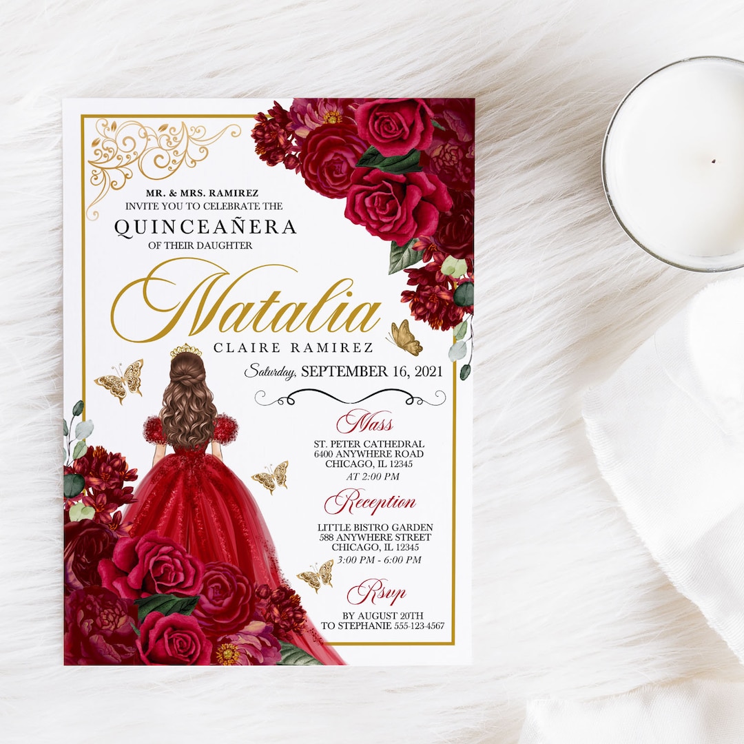 Red and Gold Floral Quinceanera Invitation Template (editable ...