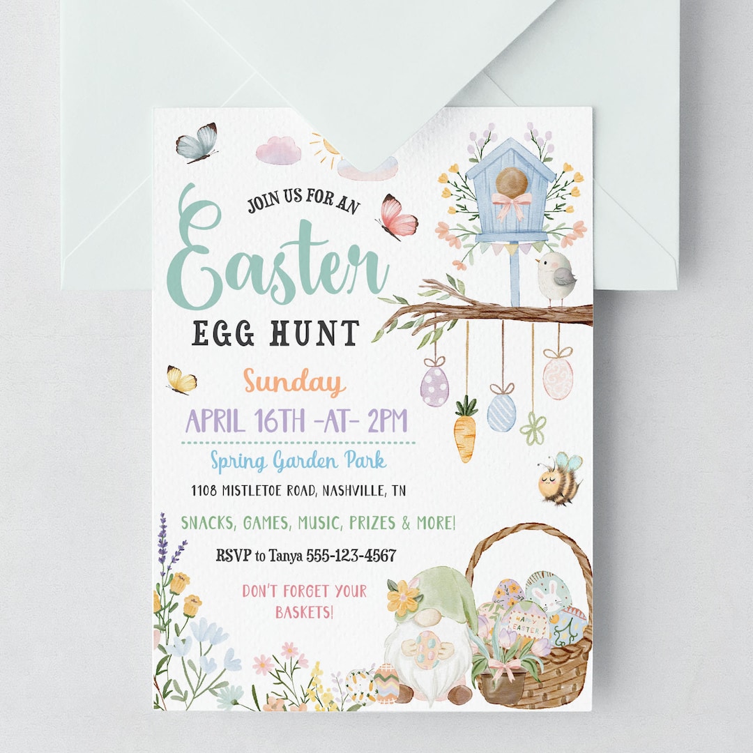 Editable Easter Egg Hunt Invitation: Pastel Gnomes, Bunny (corjl ...