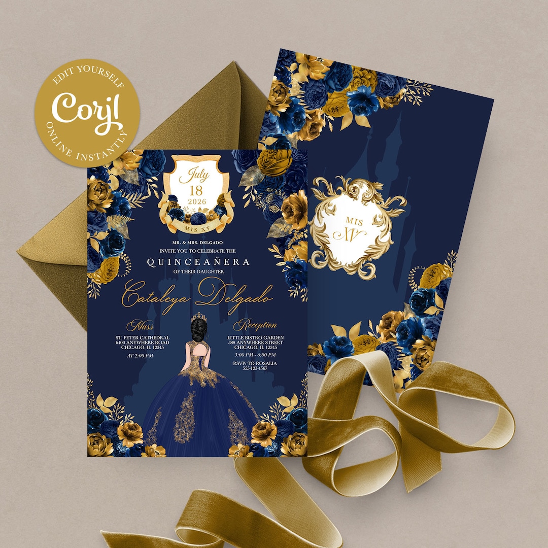 Navy & Gold Floral Quinceanera Invitation Template (editable) - Etsy