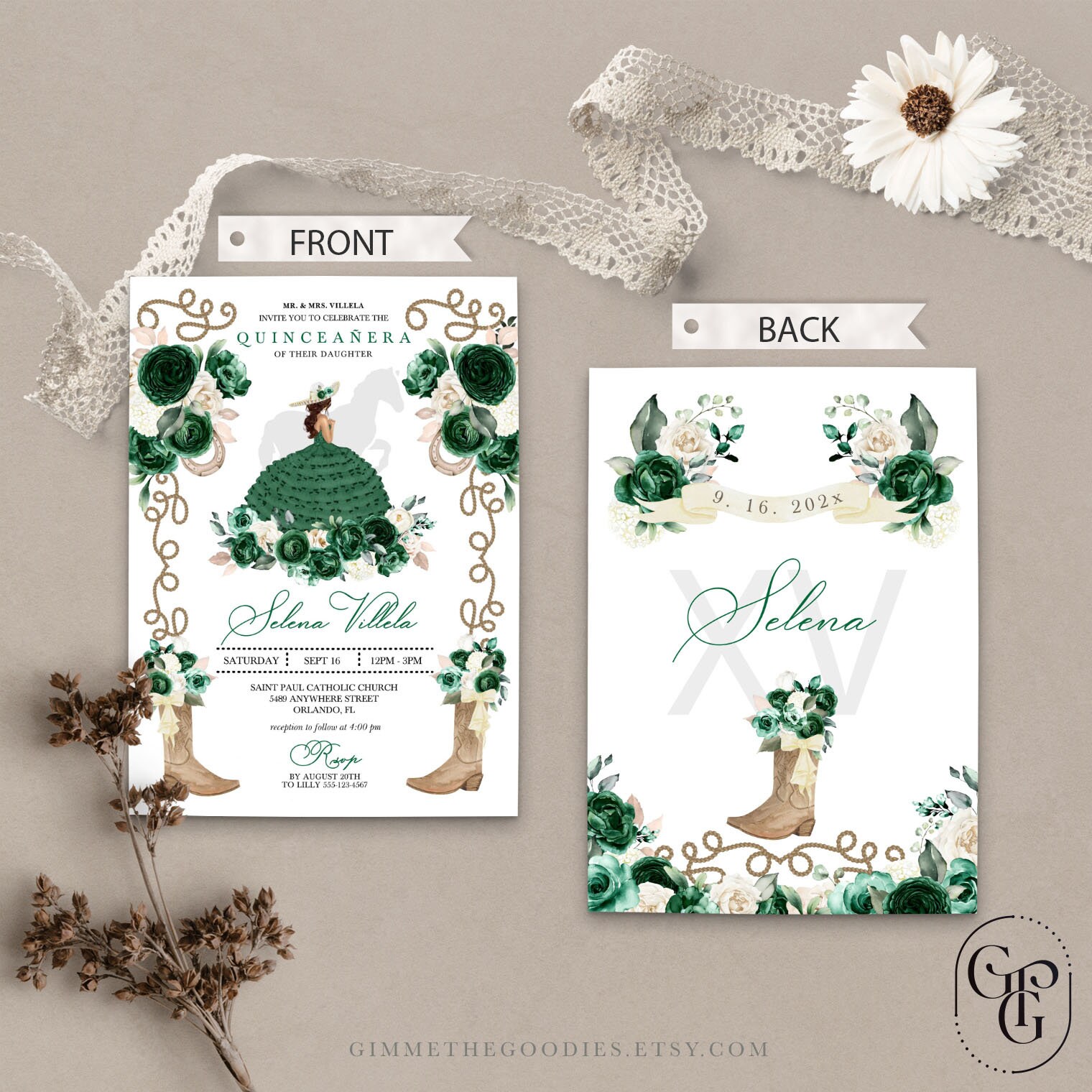 Green Western Mariachi Charro Cowgirl Quinceanera Invitation, Fiesta ...