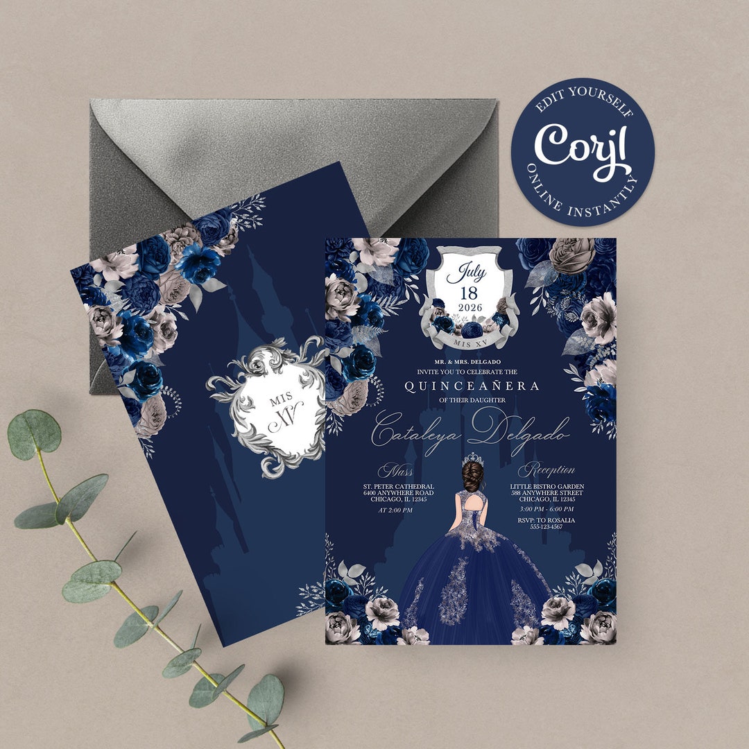 Invitación EDITABLE, Invitación de quinceañera floral azul marino y ...