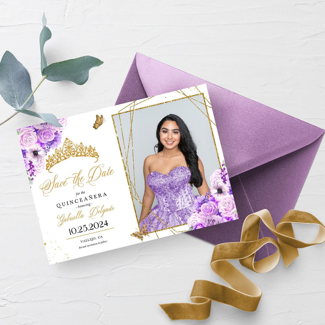 EDITABLE Invitation, Lilac & Gold Floral Quinceanera Save the Date ...