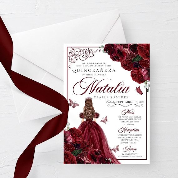 15nera Invitations Burgandy Color Gliter Princess And Flower Acrylic