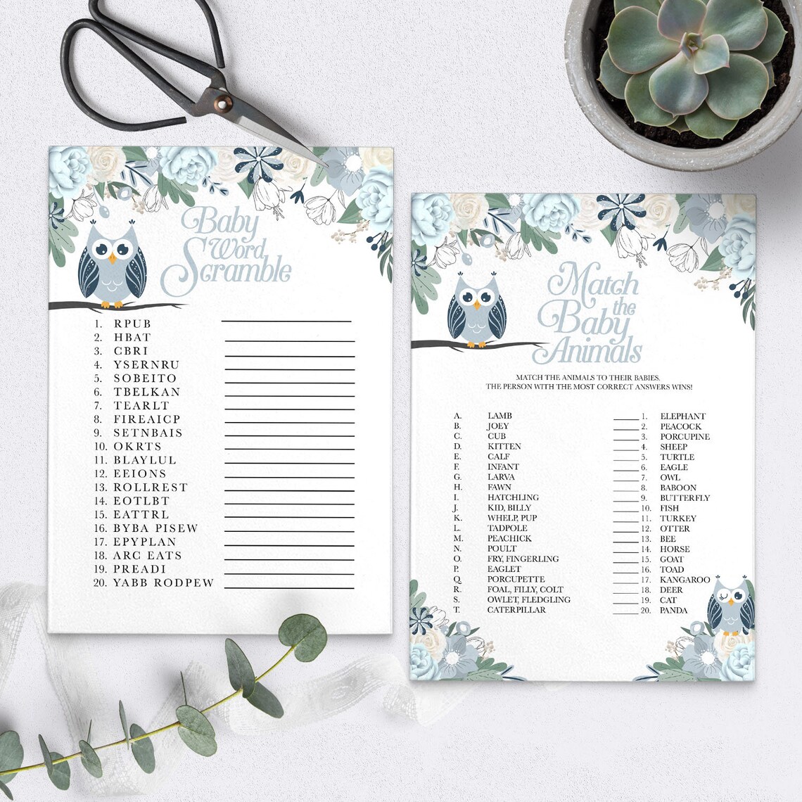 Blue Owl Baby Shower Game Bundle Baby Shower Games Printable | Etsy