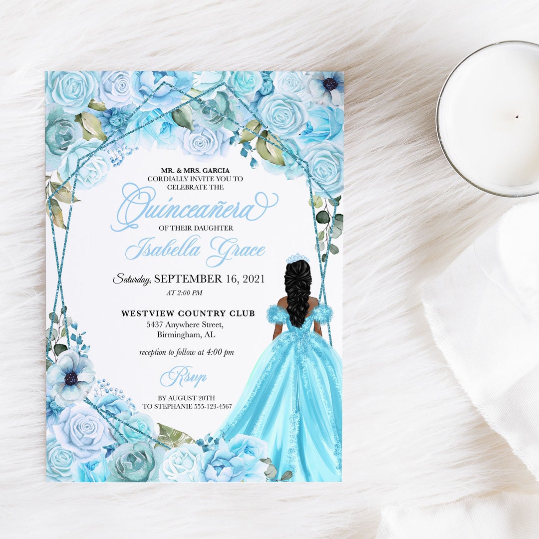 EDITABLE Invitation, Elegant Sky Blue Floral Quinceanera Invitation ...