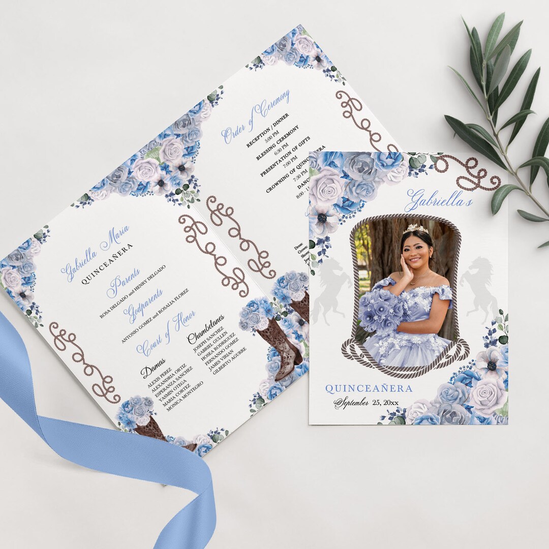 Blue Western Quinceanera Program Template: Editable Bi-fold (5x7 ...