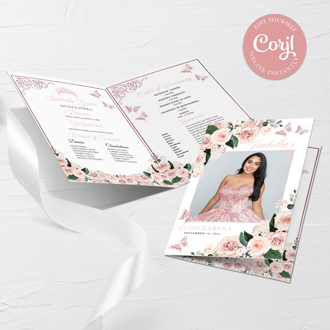 Elegant Blush Pink Floral Quinceanera Program Template (5x7 Bi-fold ...