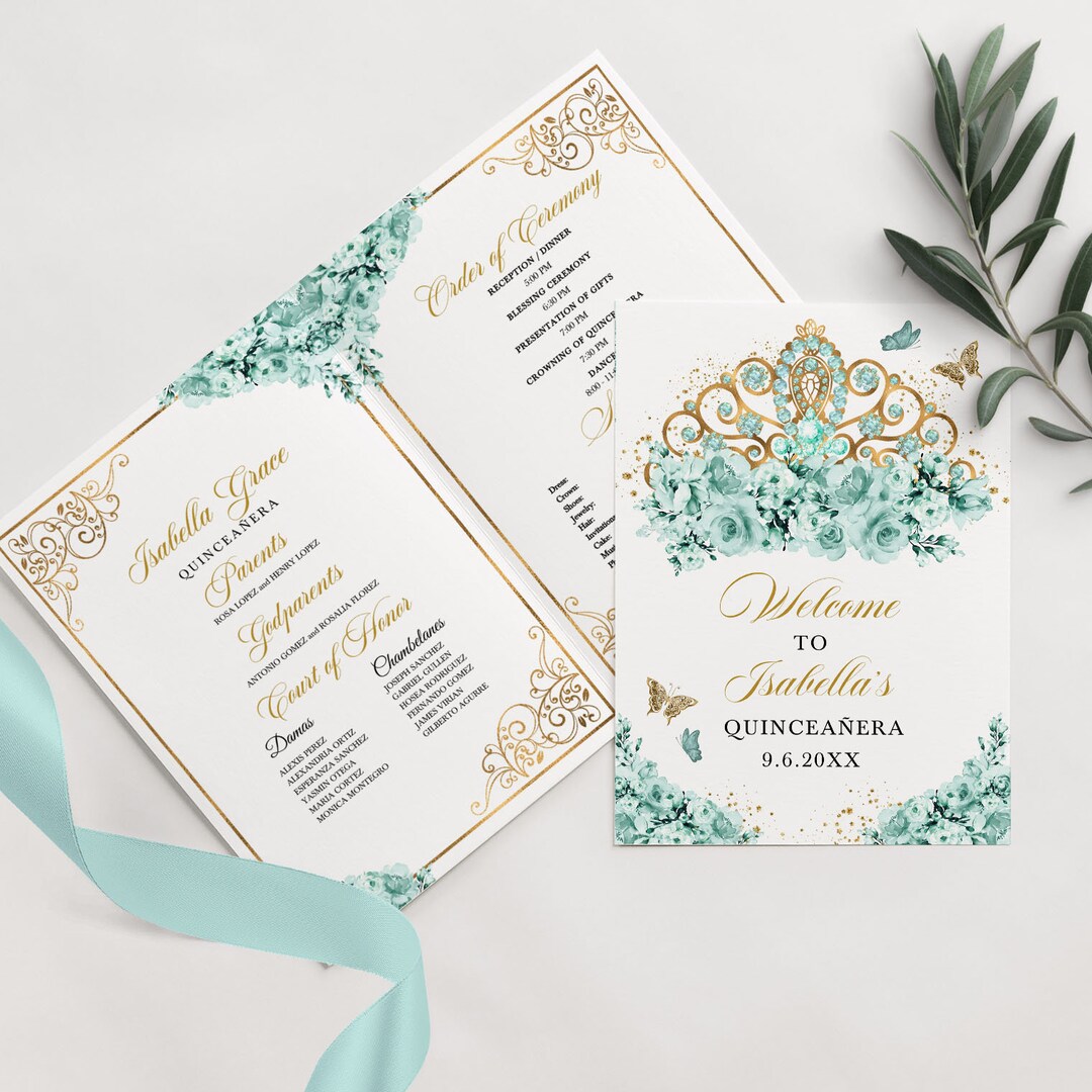 EDITABLE Program Template, Mint Green & Gold Tiara Princess Quinceanera ...