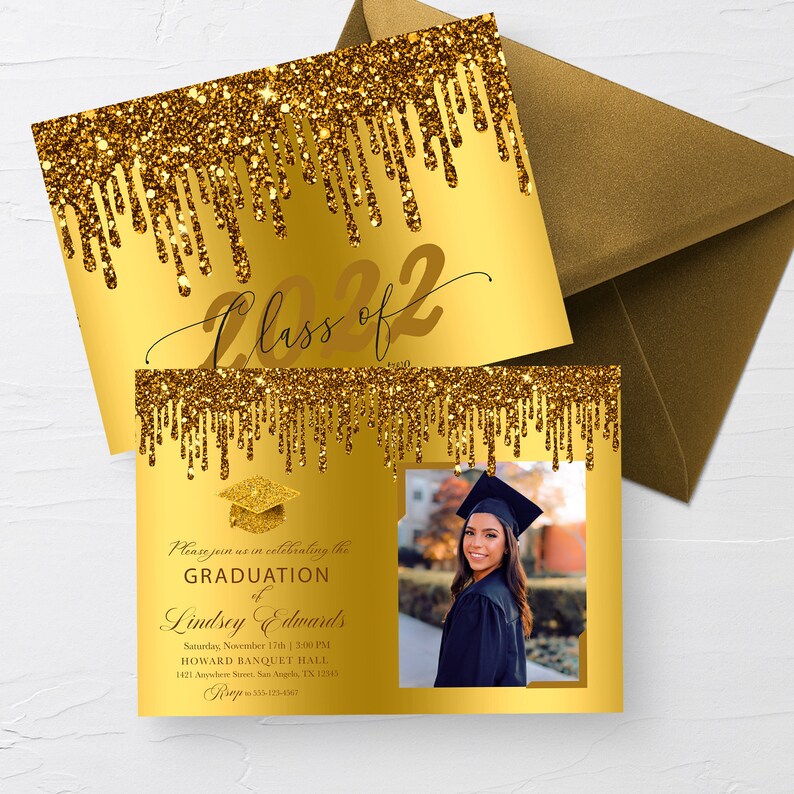 Gold Glitter Drip Graduation Photo Invitation (editable Template) - Etsy