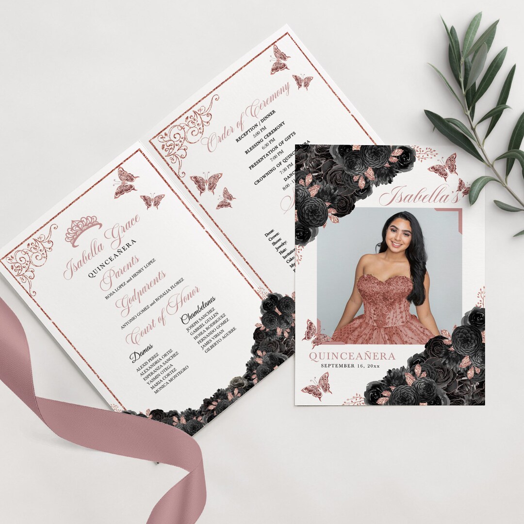 EDITABLE Program Template, Elegant Black & Rose Gold Floral Quinceanera ...