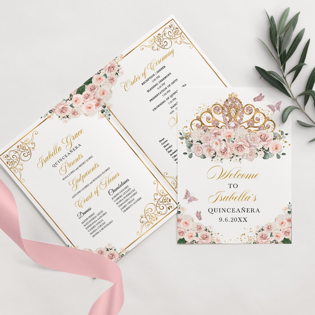 EDITABLE Program Template, Blush Pink Tiara Princess Quinceanera ...