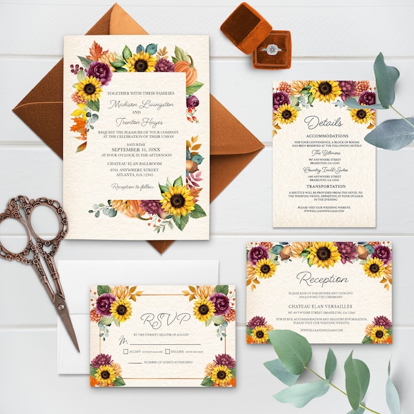 Rustic Sunflower Wedding Invitation Template - Etsy
