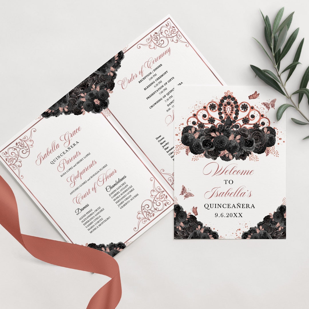 EDITABLE Program Template, Black & Rose Gold Tiara Princess Quinceanera ...