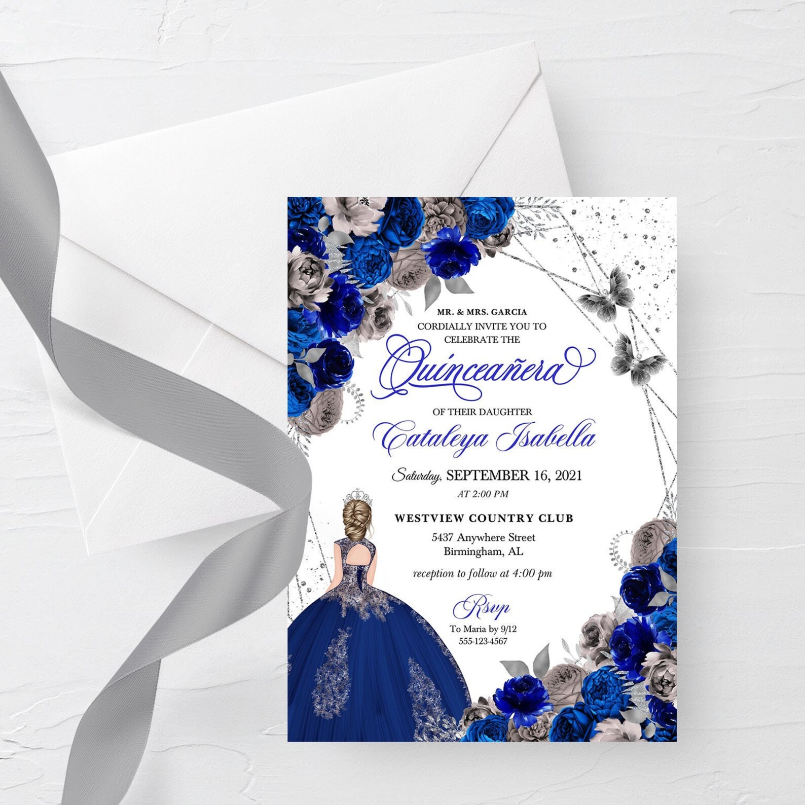 Royal Blue Floral Quinceanera Invitation: Editable Template (corjl) - Etsy