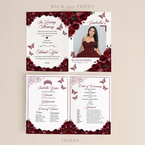 EDITABLE Program Template, Elegant Burgundy Floral Quinceanera Program ...