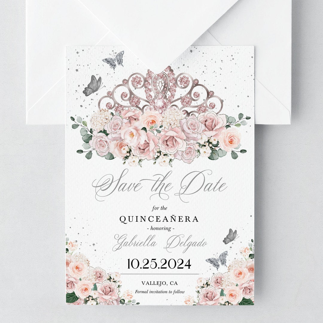 Blush Pink Floral Quinceanera Save the Date Invitation (editable ...