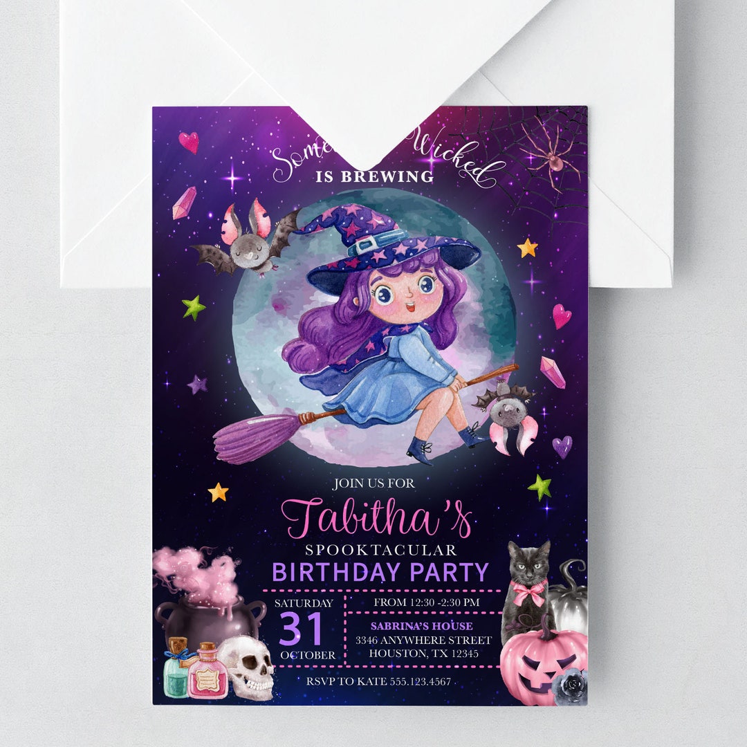 Little Witch Halloween Birthday Invitation: Editable Costume Party ...
