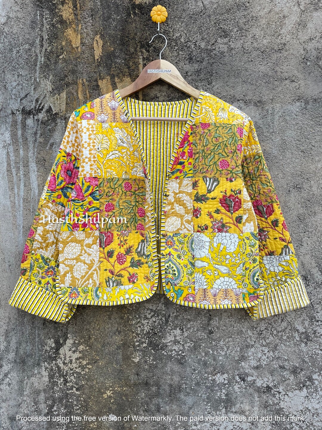 Reversible Quilted Cotton Jacket: Yellow Patchwork Indian Coat - Etsy