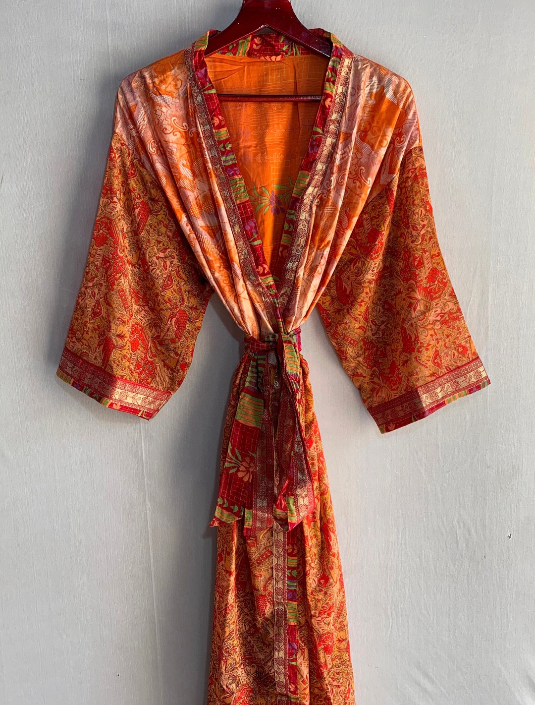 Gypsy Silk Saree Robe, Vintage Art Silk Robe, Bohemian Saree Kimono ...