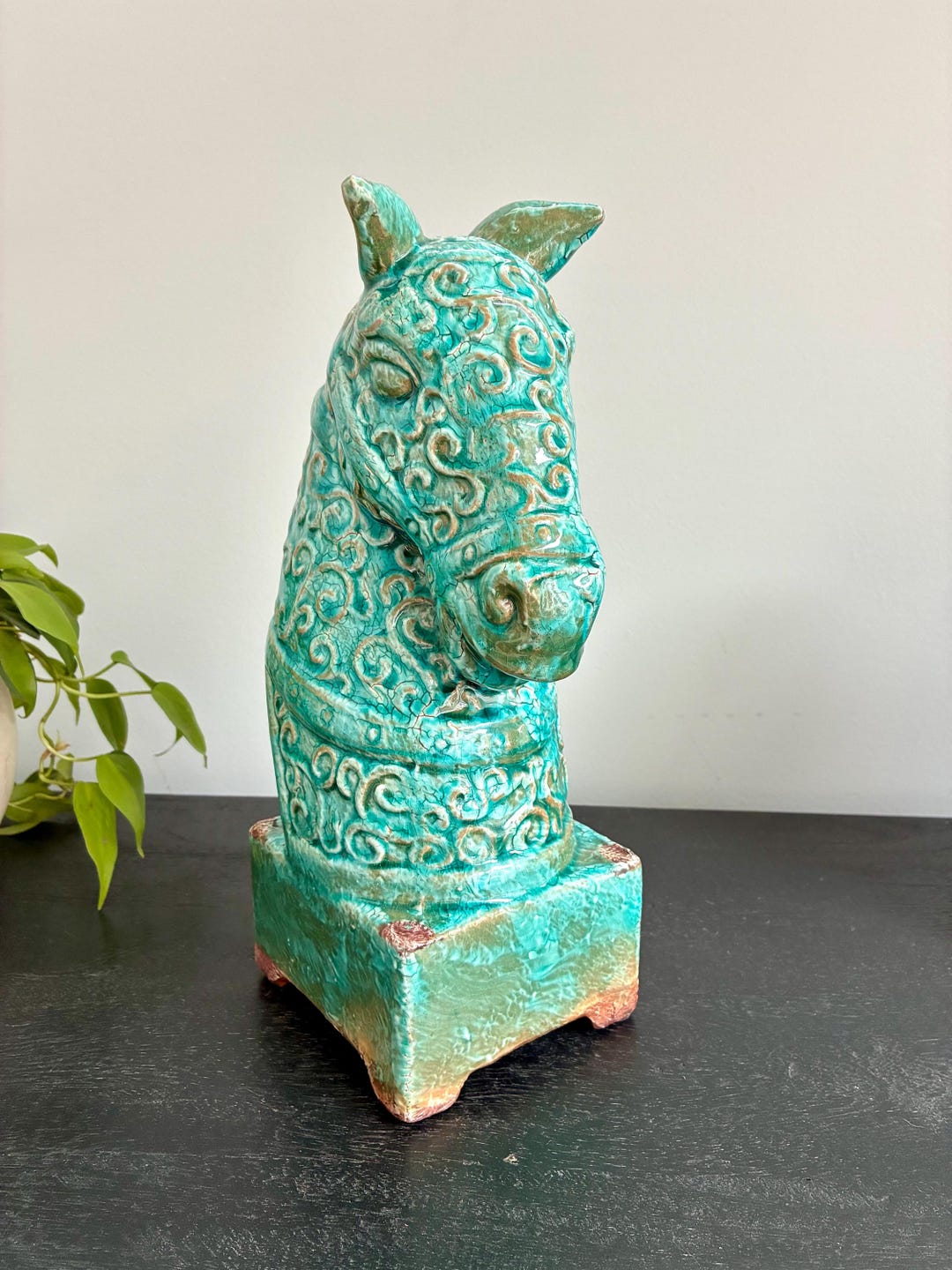 Turquoise Horse Head Sculpture | Detailed Ceramic Bust, Crackle Glaze ...