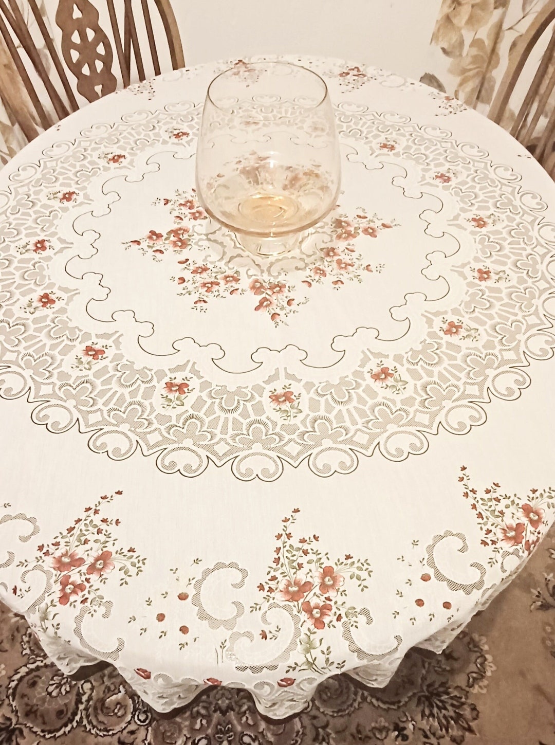 Vintage Tablecloth Round Tablecloth White Cut Out Lace Brown Red Floral ...