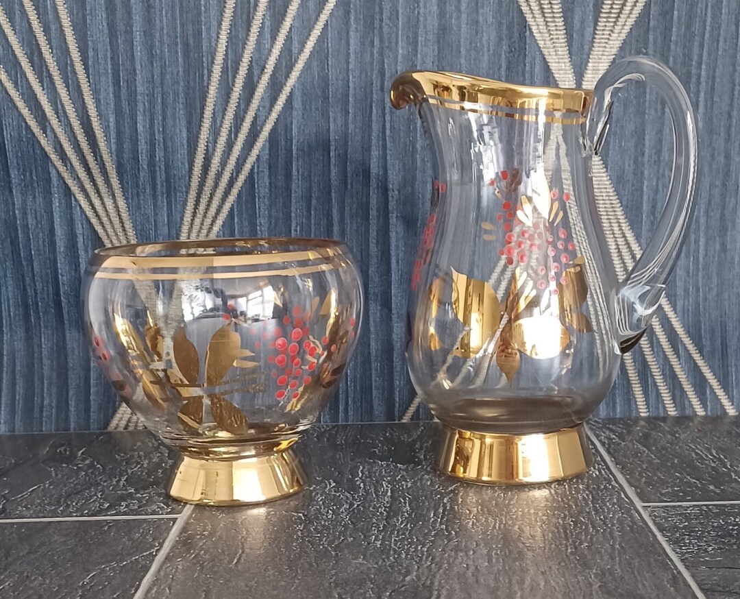 Mid Century Glass Jug and Bowl Hand Painted Romanian Decorative Set ...