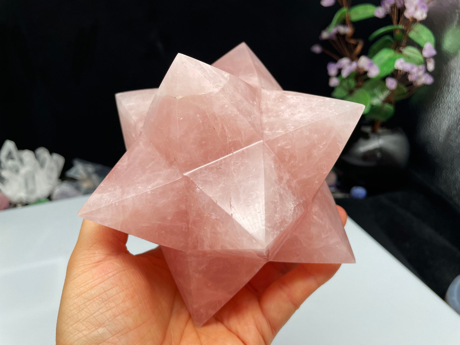 Merkaba de cristal de cuarzo rosa, tallado de geometría sagrada ...