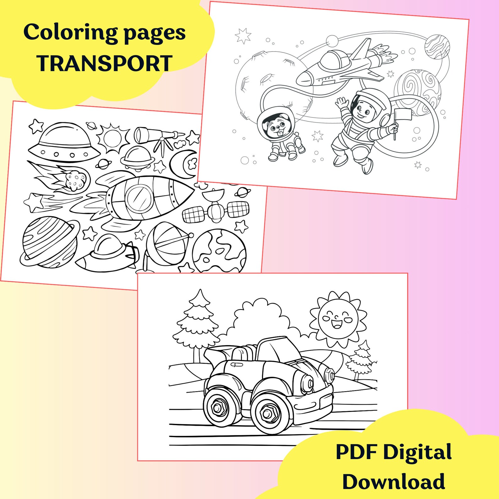 Coloring Pages for Kids Printable, Set of 9 Transport, Fun Activity ...