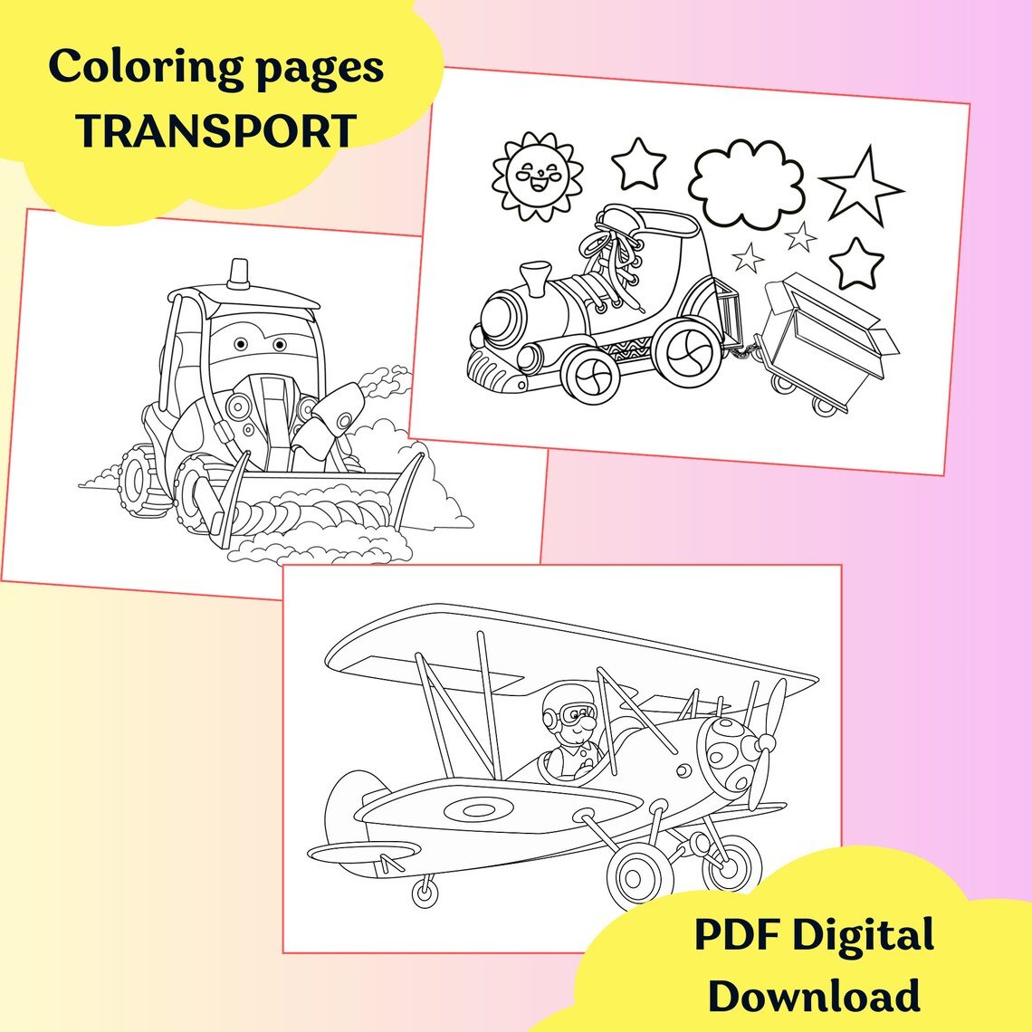 Coloring Pages for Kids Printable, Set of 9 Transport, Fun Activity ...