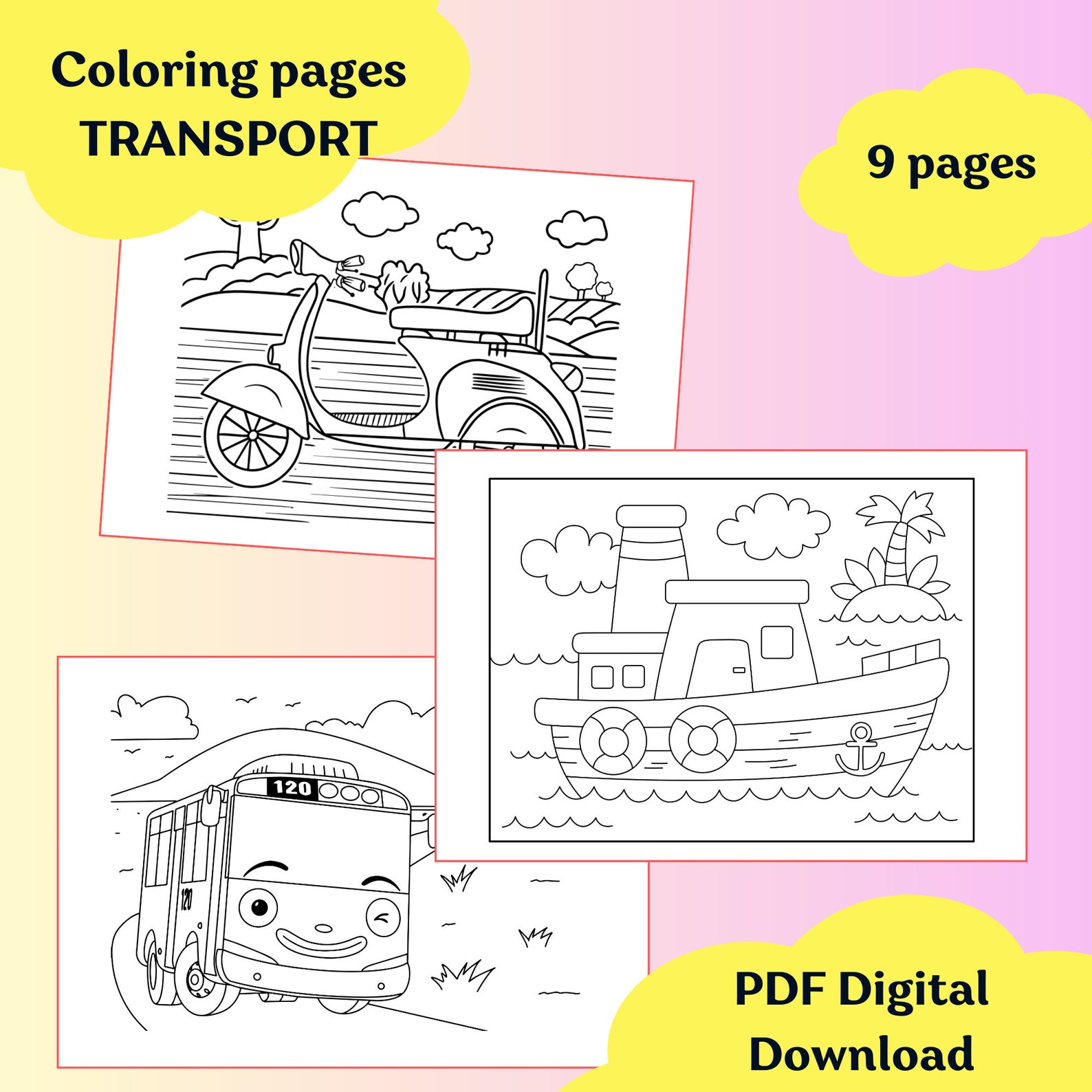Coloring Pages for Kids Printable, Set of 9 Transport, Fun Activity ...