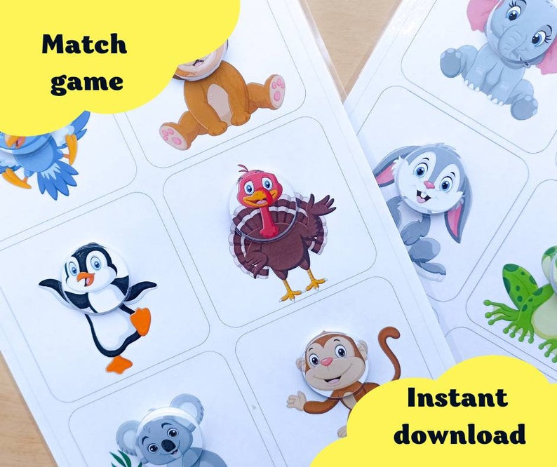 Faces of Animals Matching Cards Activity Match Game Toddler - Etsy