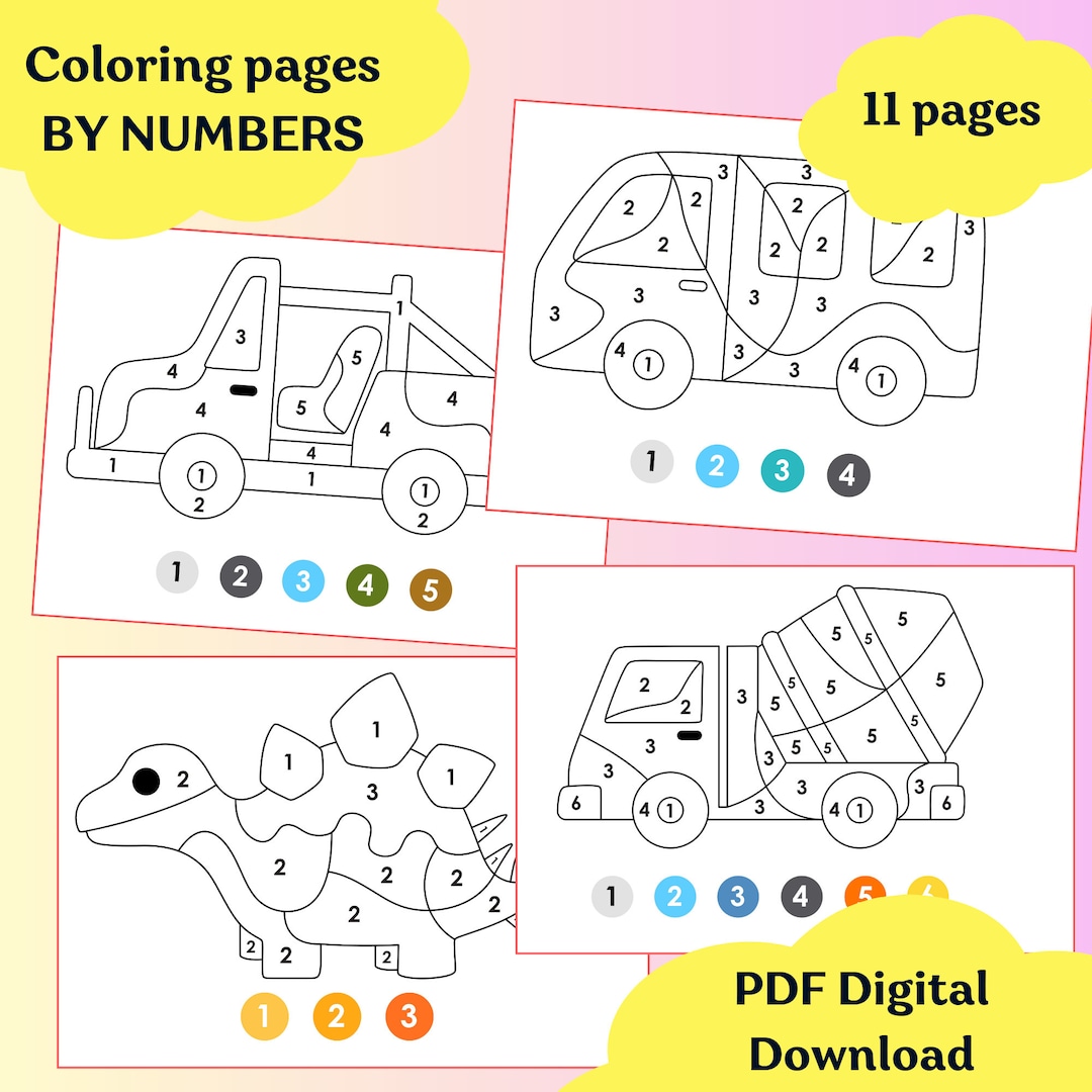 11 Coloring Pages by Numbers for Kids, Printable Activity Sheets Set ...