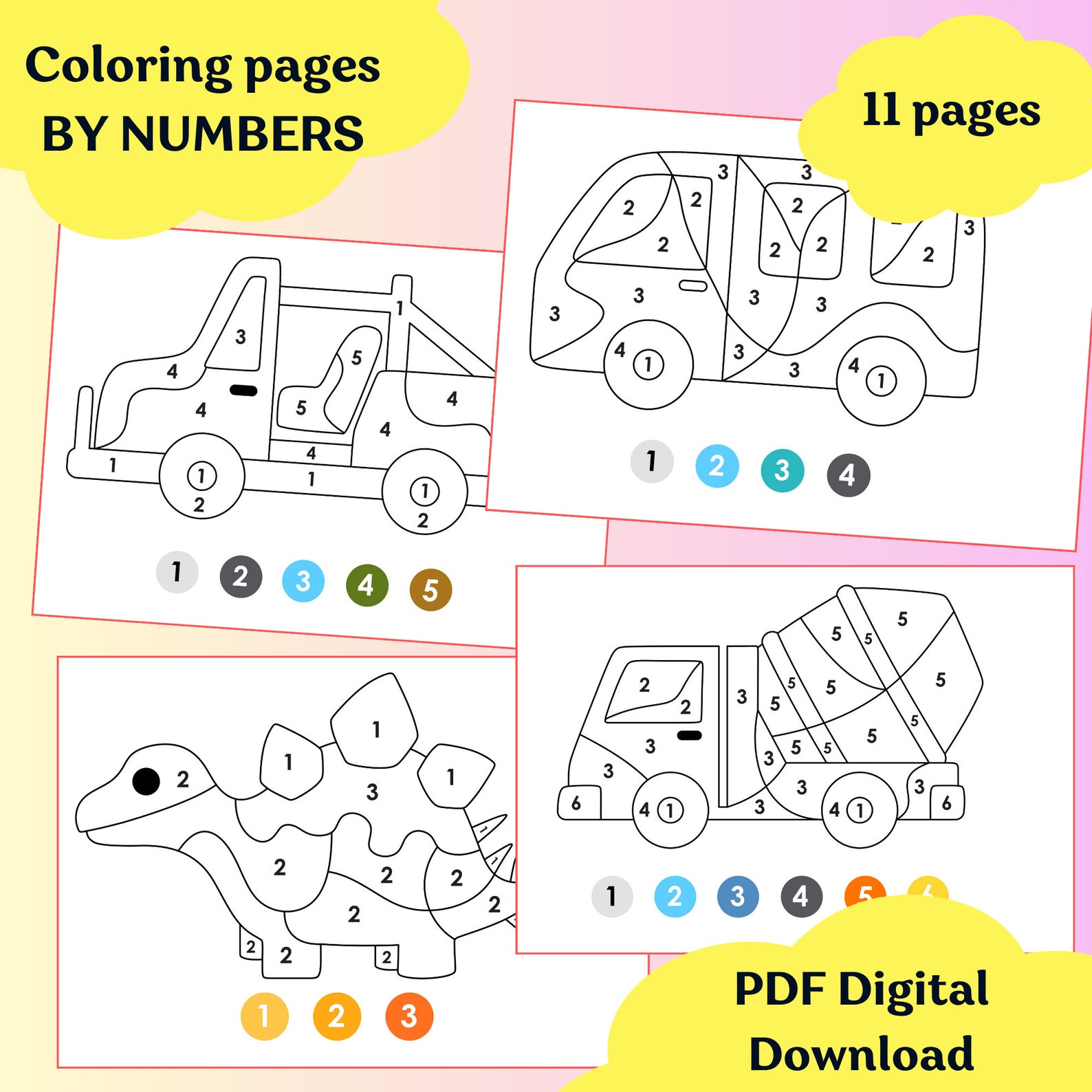 11 Coloring Pages by Numbers for Kids, Printable Activity Sheets Set ...