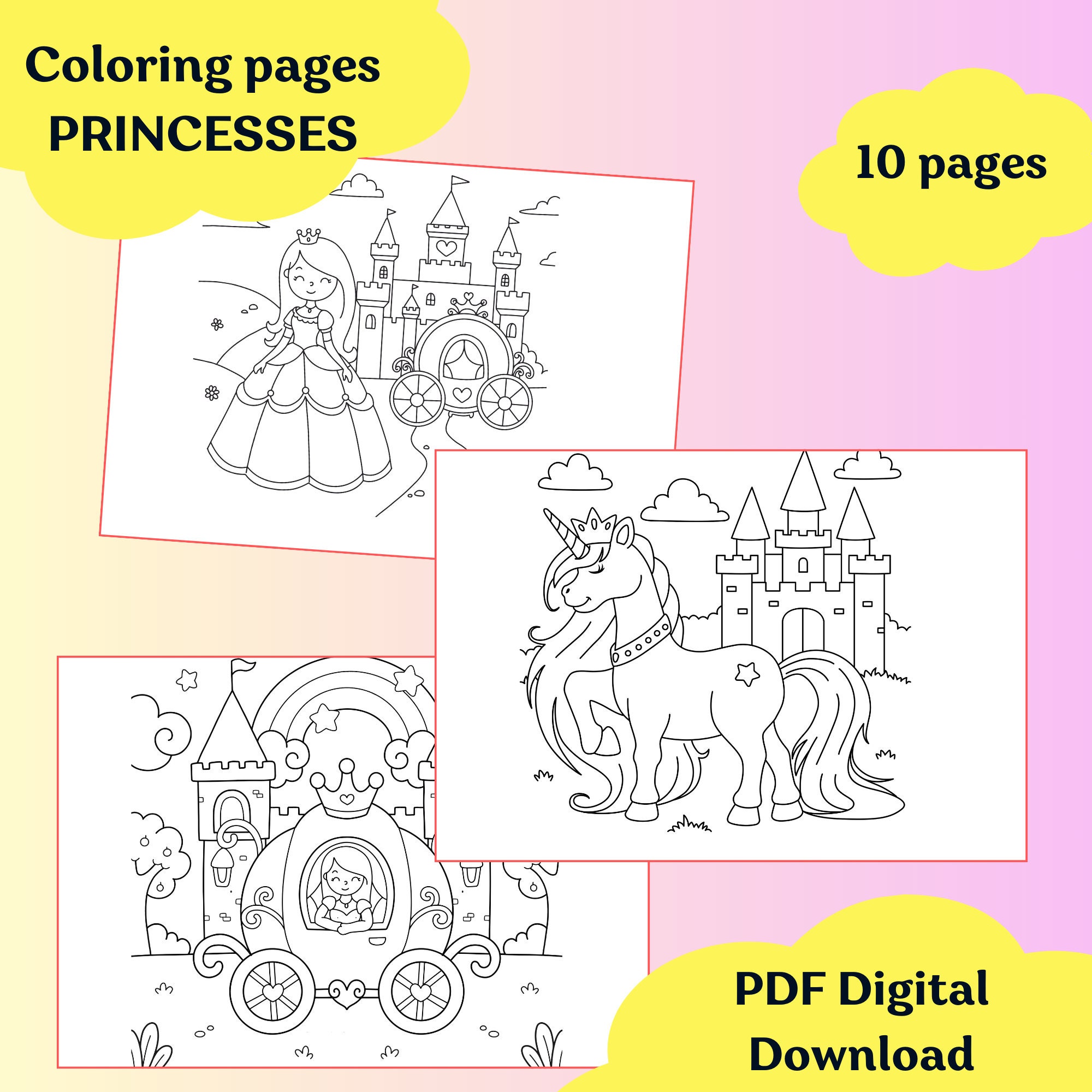 10 Princess Coloring Pages Pack, Printable Cute Art Sheets, Kids Crafts ...