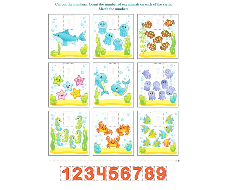 Counting Practice Activity Printable, Marine Animals, 1 to 9 Counting ...
