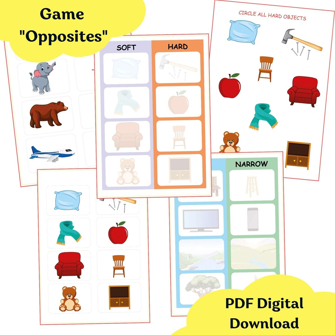 Opposites Matching Flashcards Printable, Preschool Memory Game, Special ...