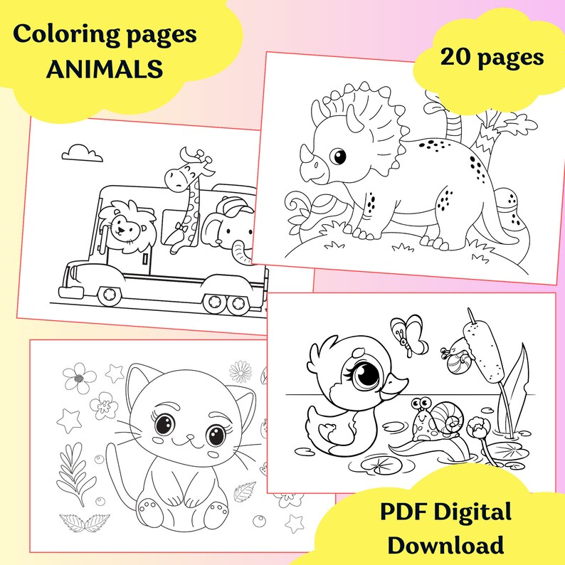 20 Animal Coloring Pages Bundle Kids, Printable Coloring Sheets ...