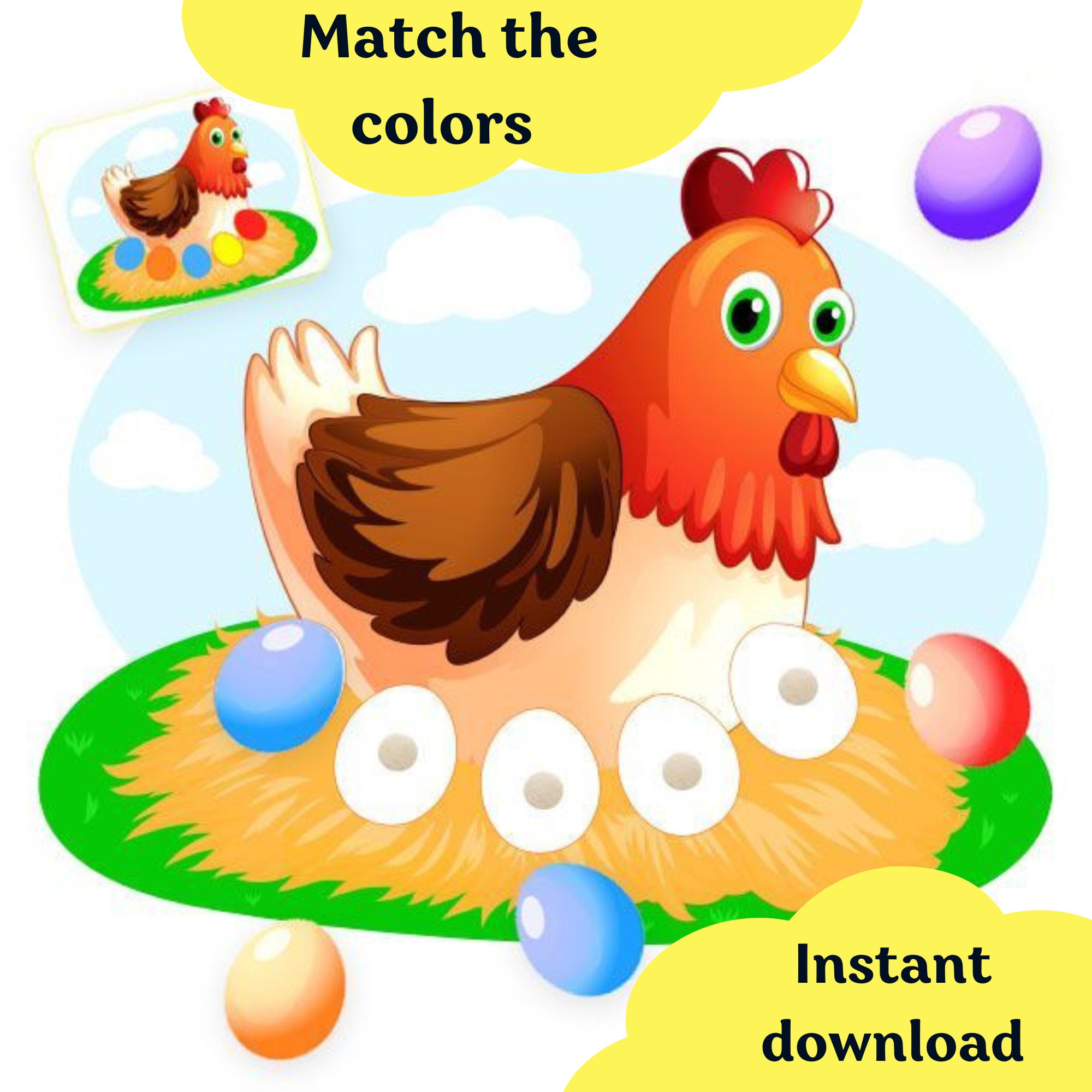 Kids Easter Activity, Color Matching Game, Chiken and Eggs Matching ...