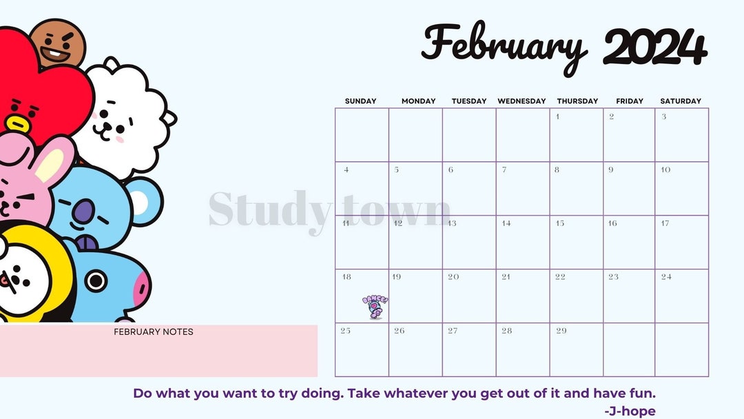 February 2024 Calendar, Cute BT21 Planner 2024, Printable Fillable ...