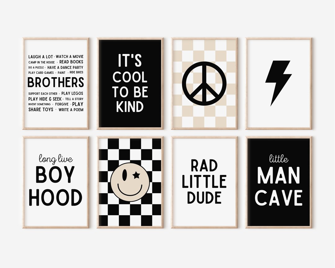 Set of 8 Print, Little Man Cave, Long Live Boyhood , Black White ...