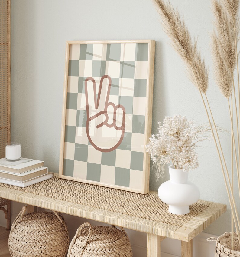 Checkerboard Print, Playroom Print, Sage Green Nursery, Checkered Peace ...