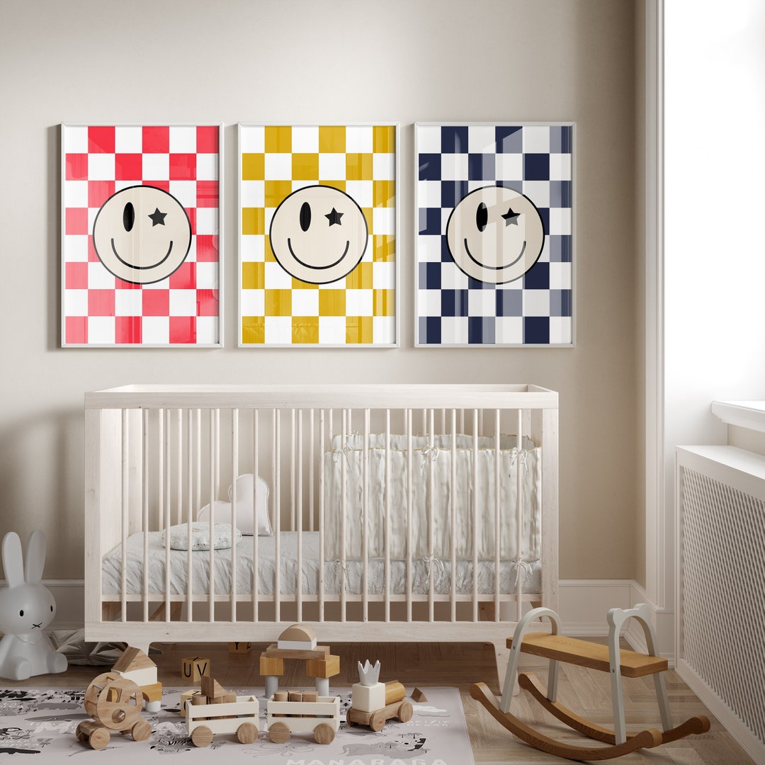 Checkered Smiley Poster, Set of 3, Colorful Nursery, Baby Room, Kid ...