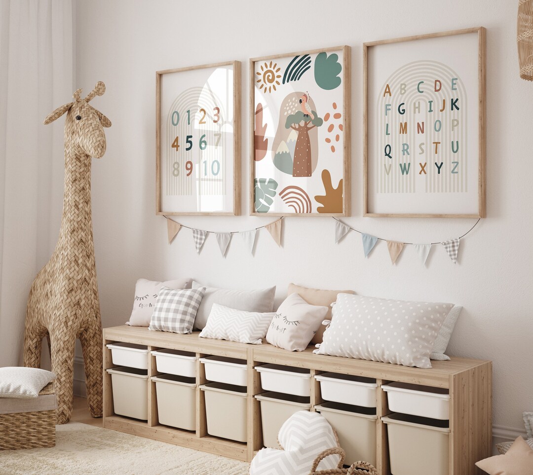 Set of 3 Kids Print, Educational Poster, Neutral Alphabet Number Prints ...