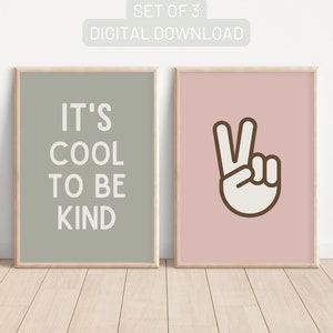 It's Cool to Be Kind, Set of 3 Printable, Kid Room Wall Art, Pink Green ...
