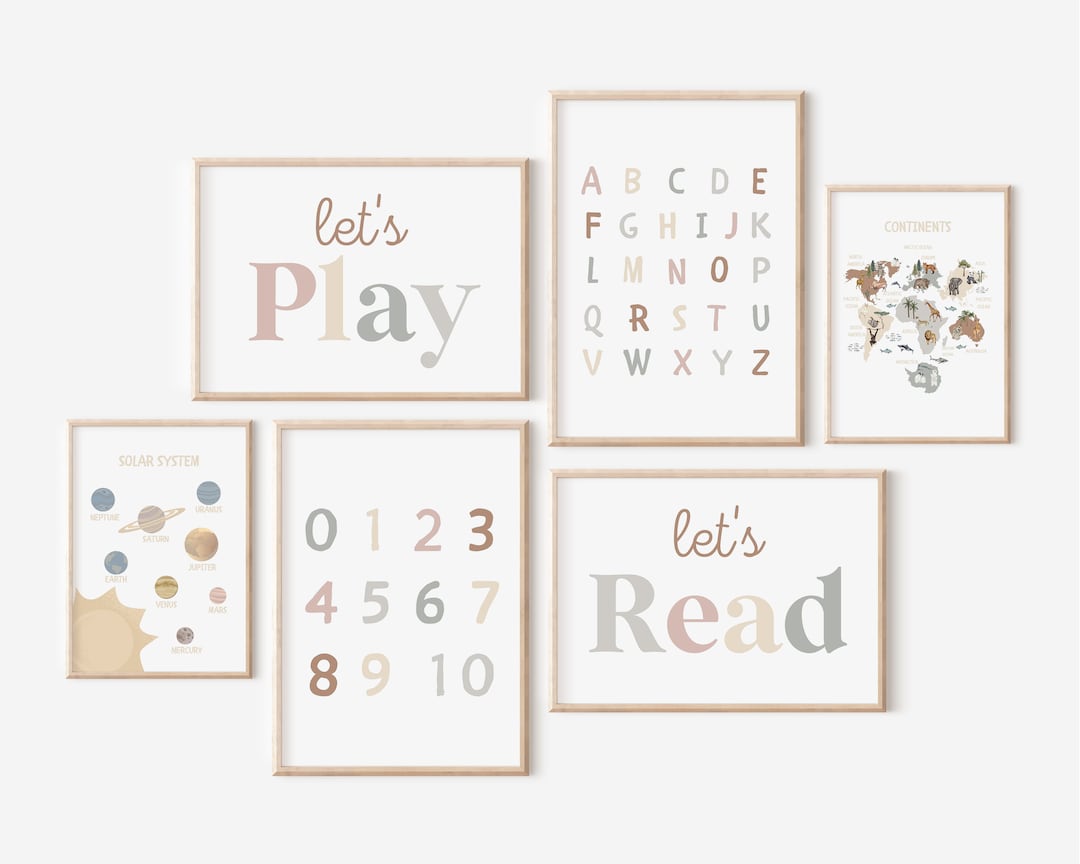 Set of 6, Educational Posters, Kids Prints, Neutral Alphabet Number ...