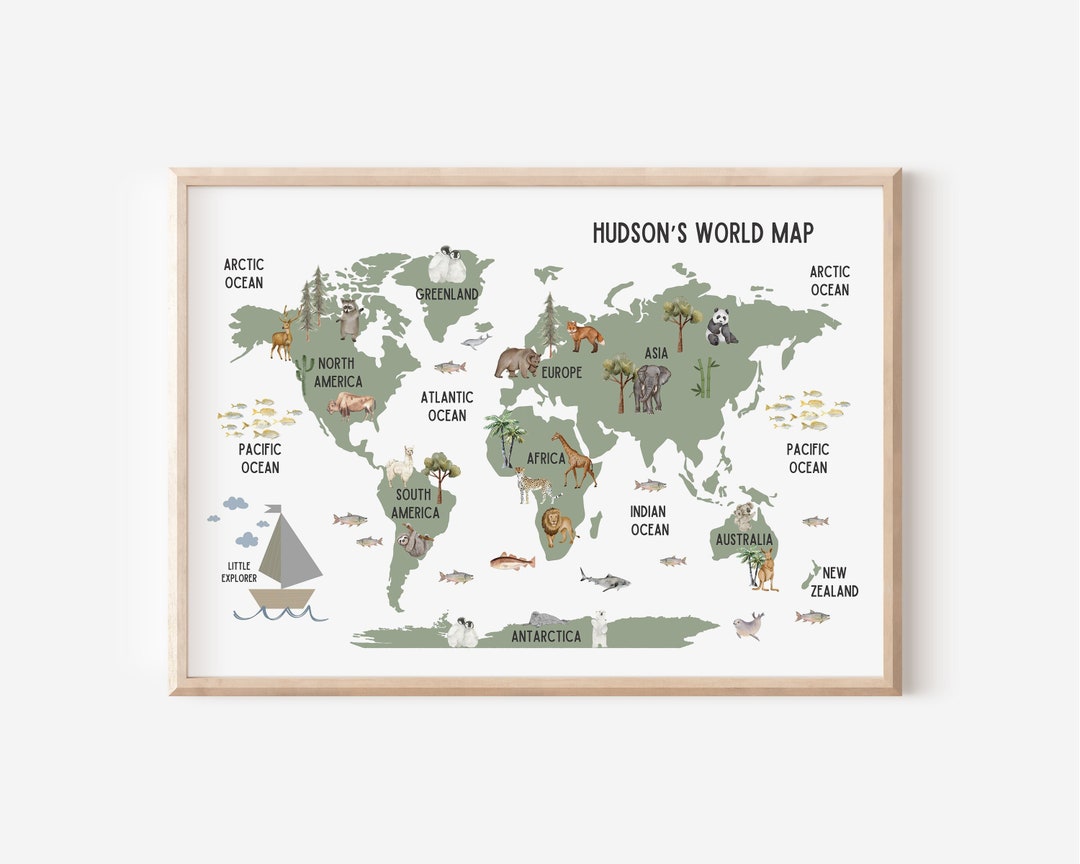 Custom Name Map, Continents Print, Educational Poster, Neutral Kid Room ...