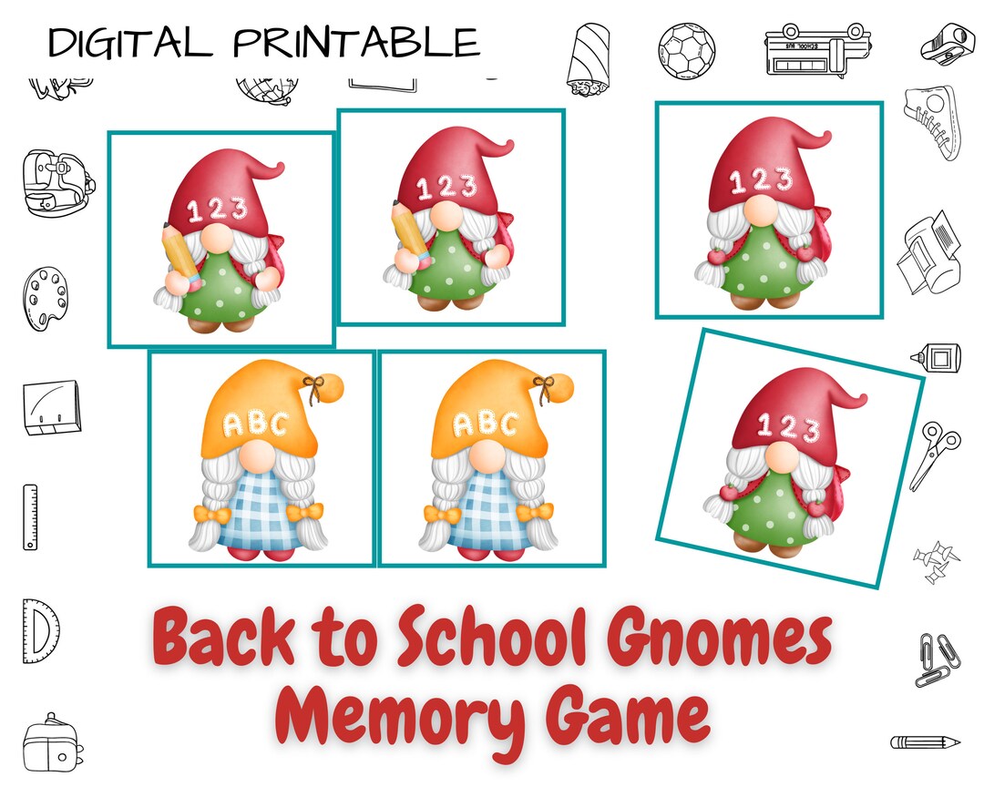 Printable Back to School Gnomes Memory Game | Instant Digital Download ...