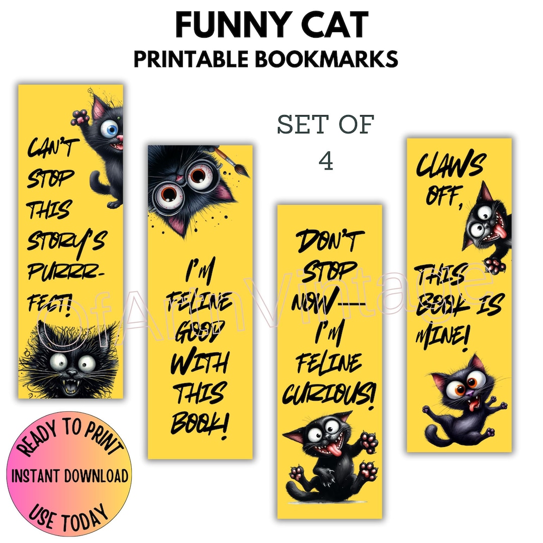 Funny Cat Printable Bookmarks | Black Cat Bookmark Set | Book Lover ...